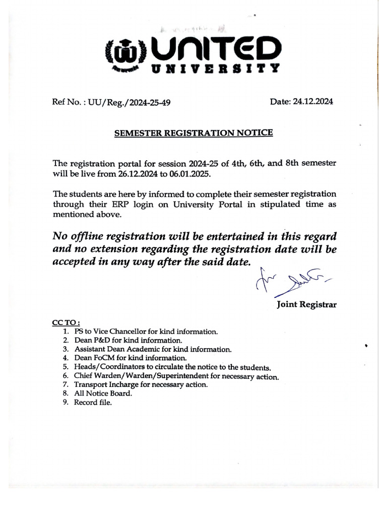 Semester Registration Notice | PDF