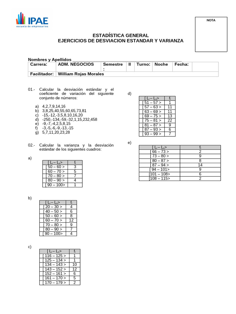 Ejercicios de Desviación Estandar y Varianza IPAE | PDF | Estadísticas descriptivas | Análisis ...