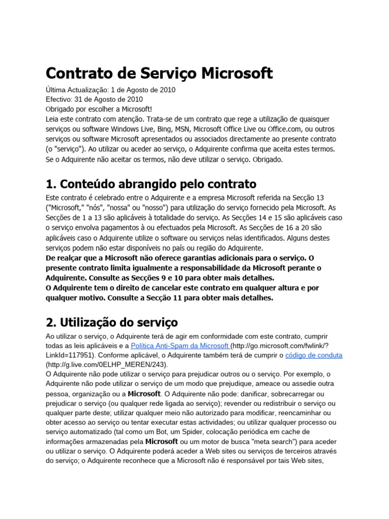 Contrato de Serviço da Microsoft 2010 | PDF | Microsoft | Direitos Autorais