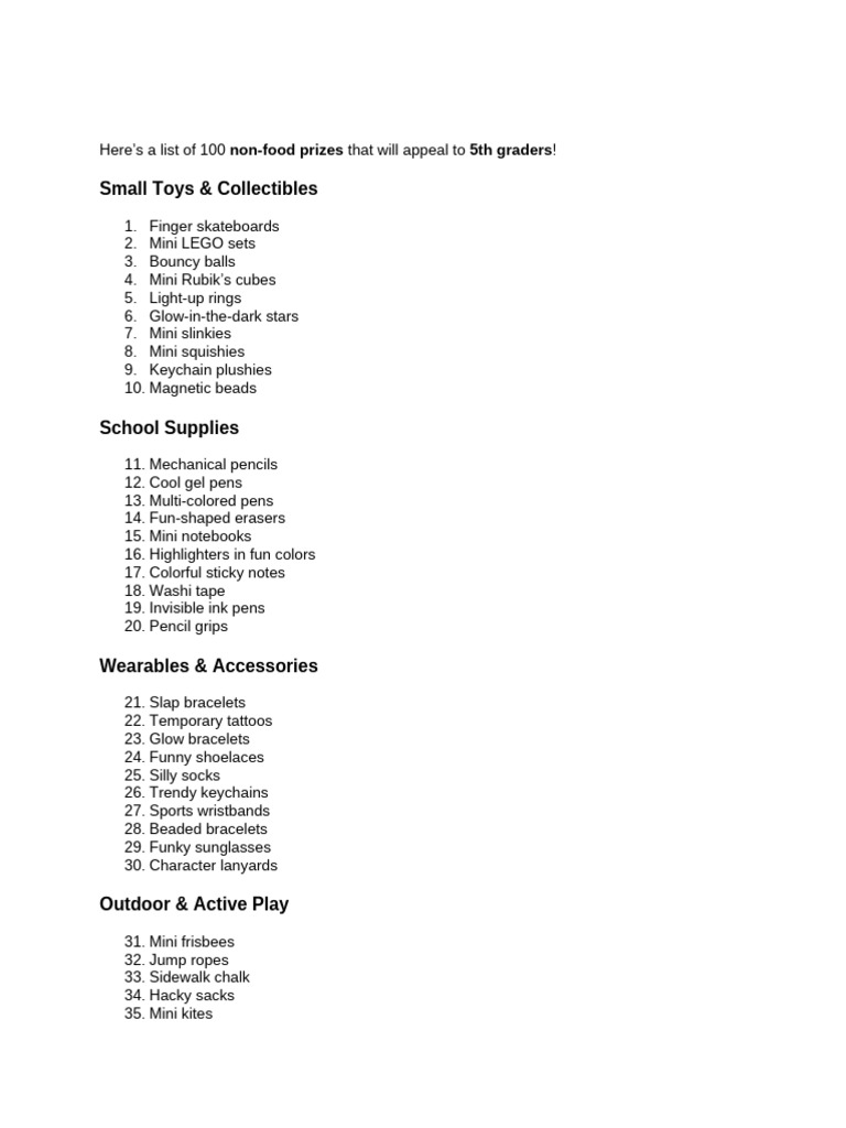 100 Fun Non-Food Prizes for 5th Graders | PDF