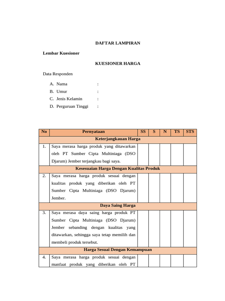 Lampiran Kuesioner Rifa-1 | PDF