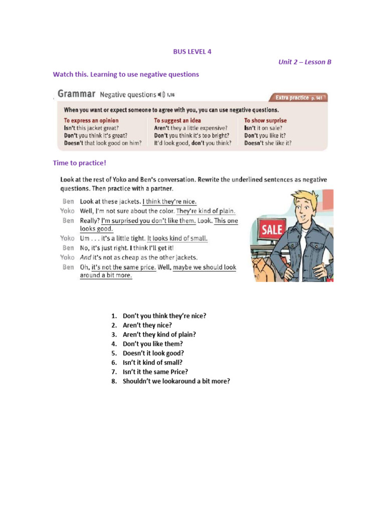 Negative Questions Practice Exercises | PDF