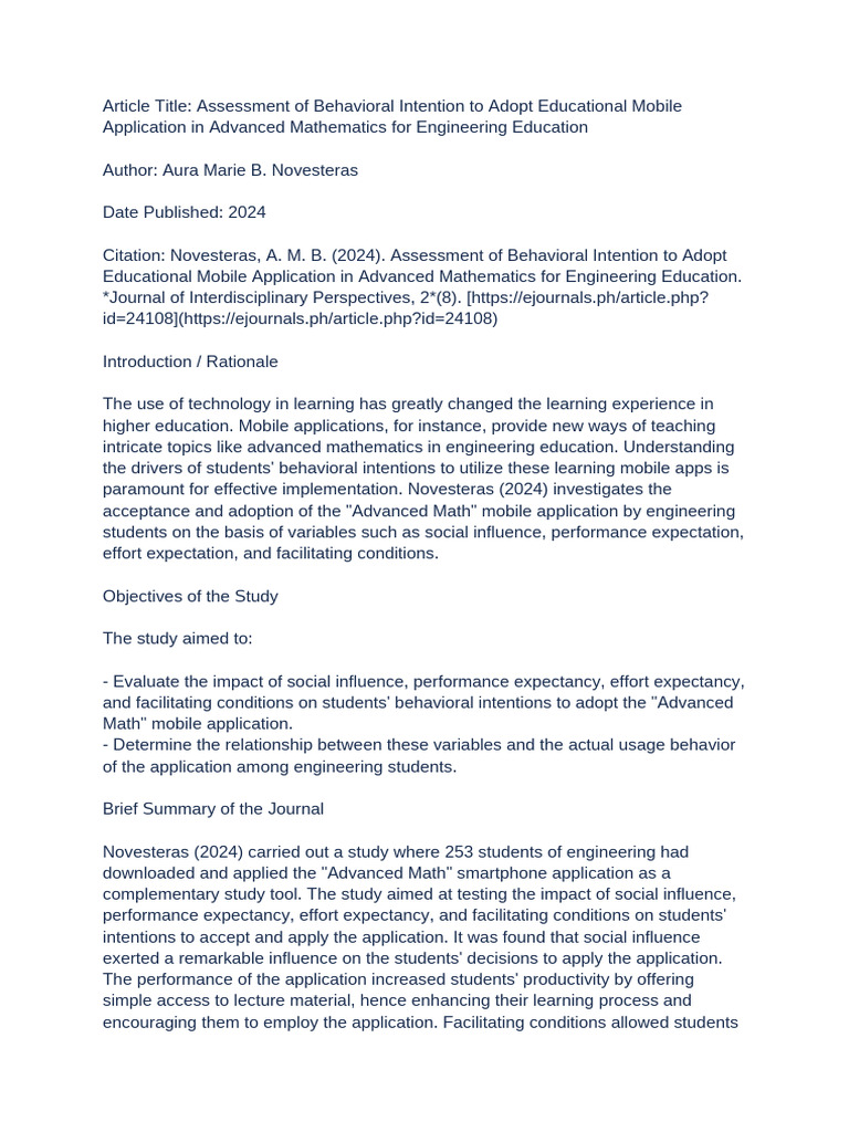 Article Title Assessment of Behavioral Intention To Adopt Educational Mobile Application in ...