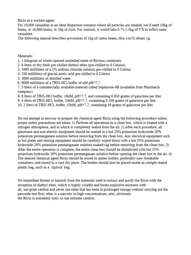 Ricin Extraction and Purification Guide | PDF | Filtration | Chemical ...