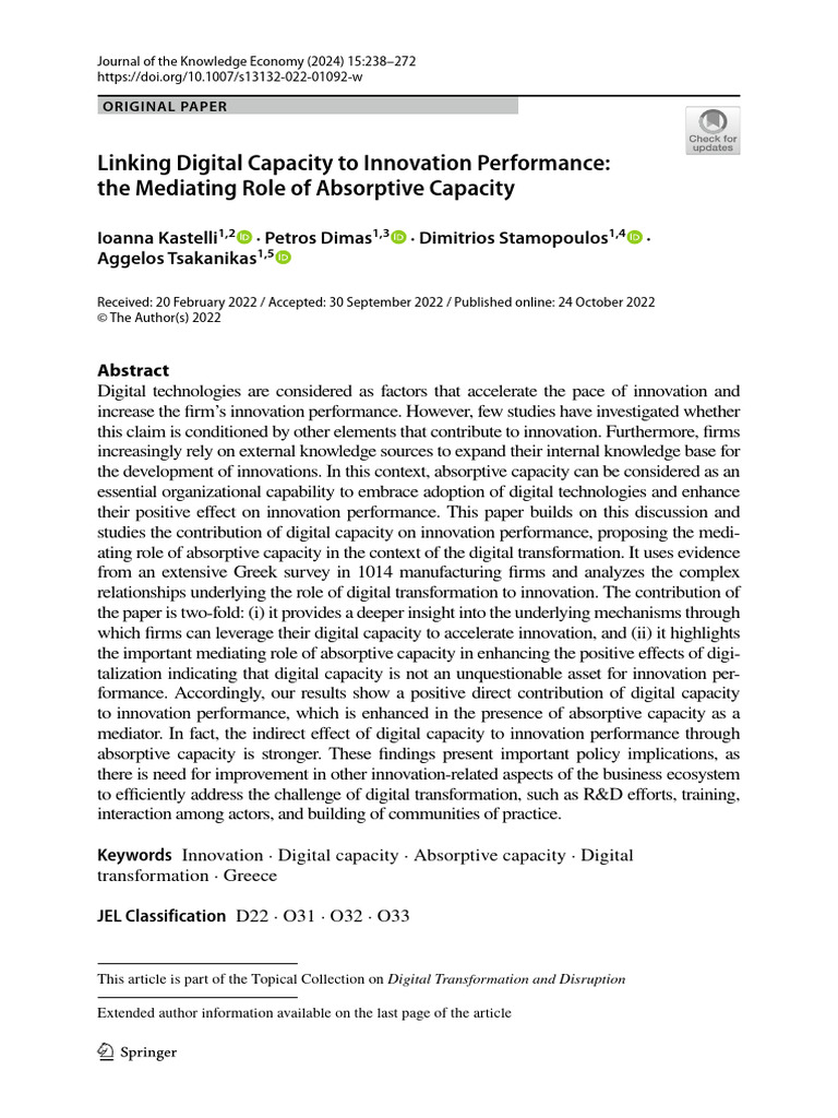 Linking Digital Capacity to Innovation Performance: the Mediating Role of Absorptive Capacit ...