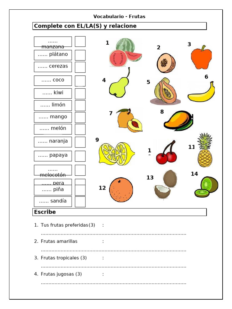 Actividades de Vocabulario: Frutas | PDF