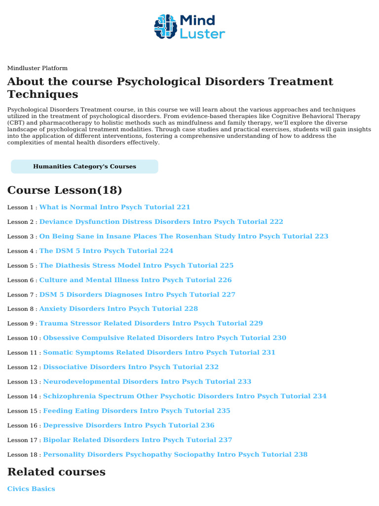 Psychological Disorders Treatment Techniques Course Content | PDF