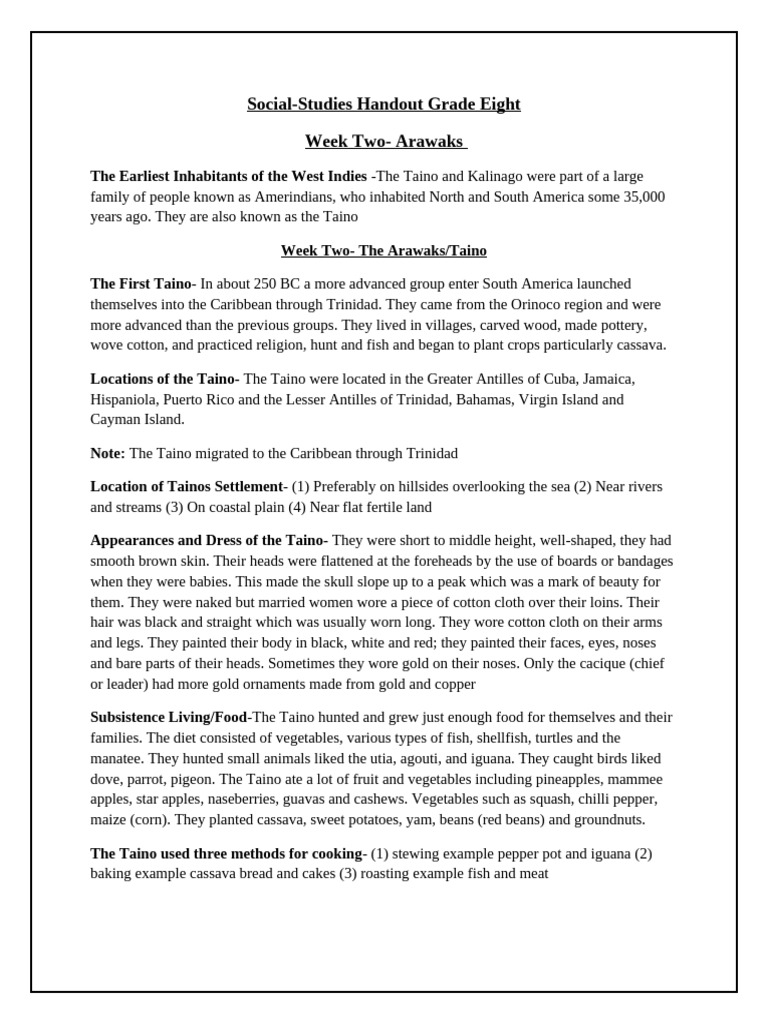 Grade 8 Arawaks Handout | PDF | Caribbean | Vegetables