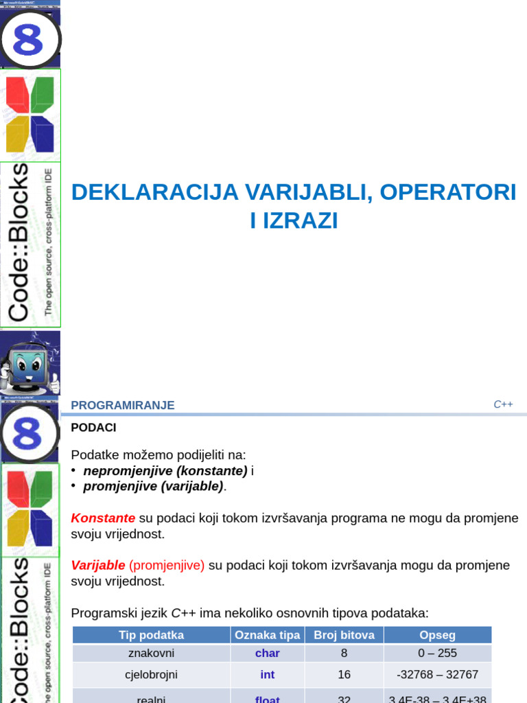 22 - Deklaracija Varijabli, Operatori I Izrazi | PDF