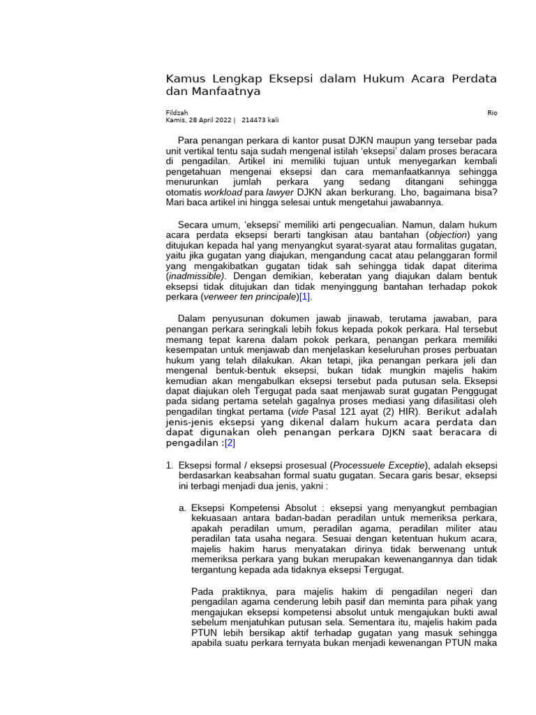 Kamus Lengkap Eksepsi Dalam Hukum Acara Perdata | PDF