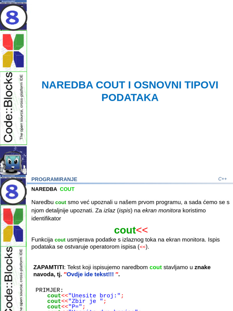 20 - Naredba Cout I Osnovni Tipovi Podataka | PDF