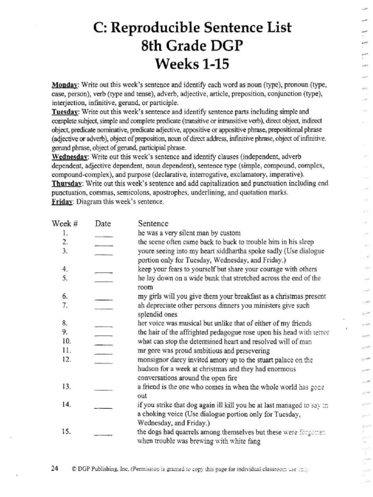 Grade 8 Weekly DGP Sentence List | PDF | Verb | Adjective