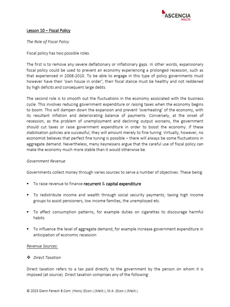 Lesson 10 - Fiscal Policy | PDF | Government Budget Balance | Taxes