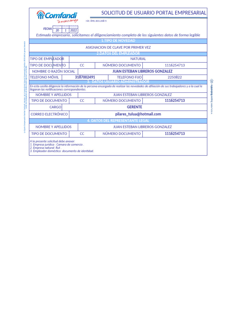 Solicitud Clave Portal Empresarial Comfandi | PDF