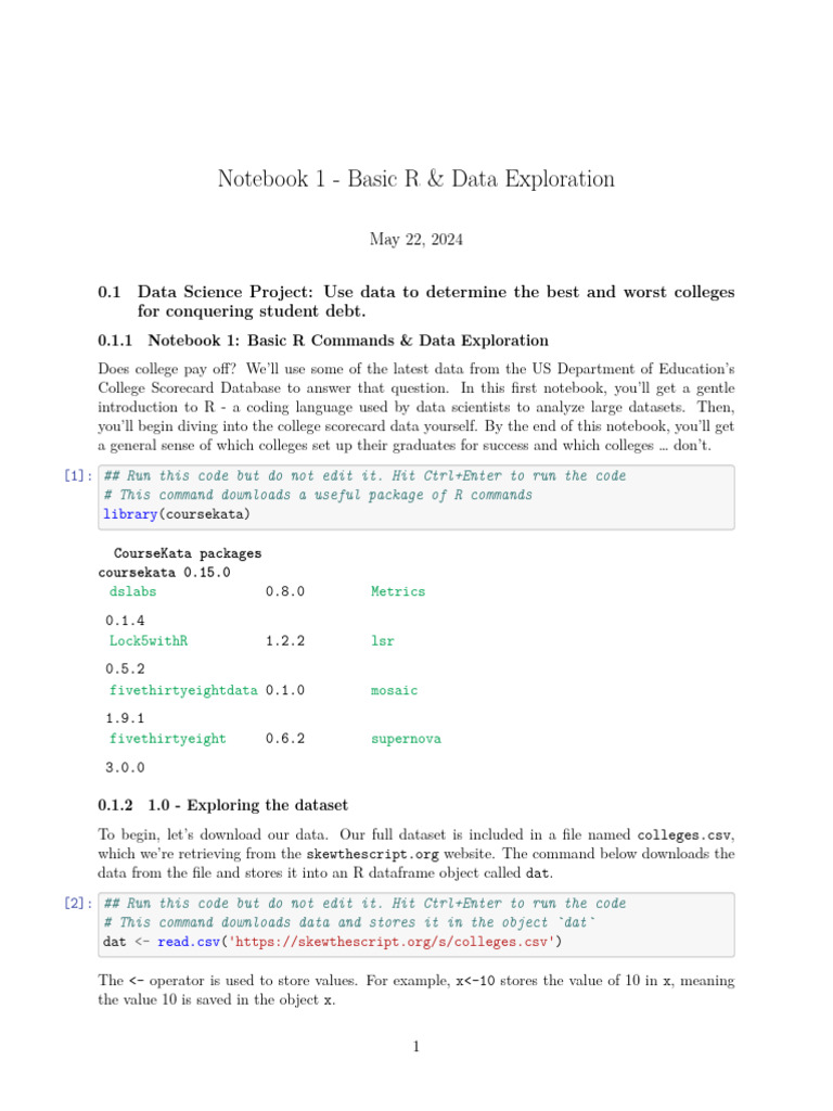 Notebook 1 - Basic R & Data Exploration | PDF | Mean | Median