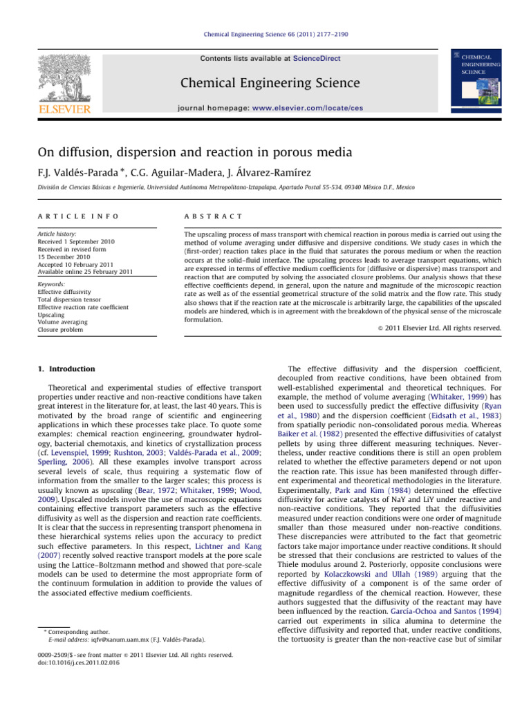 Diffusion and Reaction in Porous Media | PDF | Diffusion | Reaction Rate