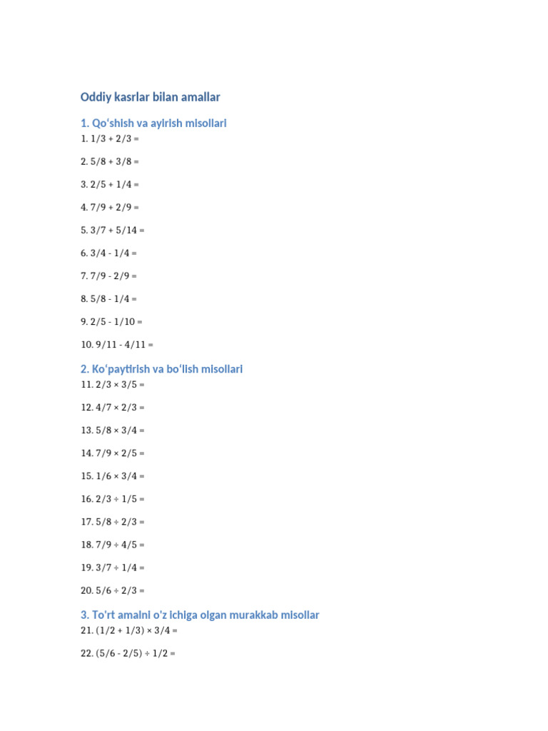 Oddiy Kasrlar Amallari | PDF