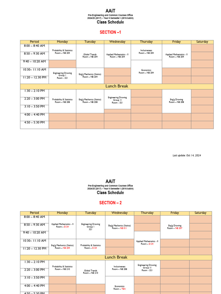 AAiT PECC 2017 Year II Sem I 19 Sections | PDF | Academic Term | Applied Mathematics