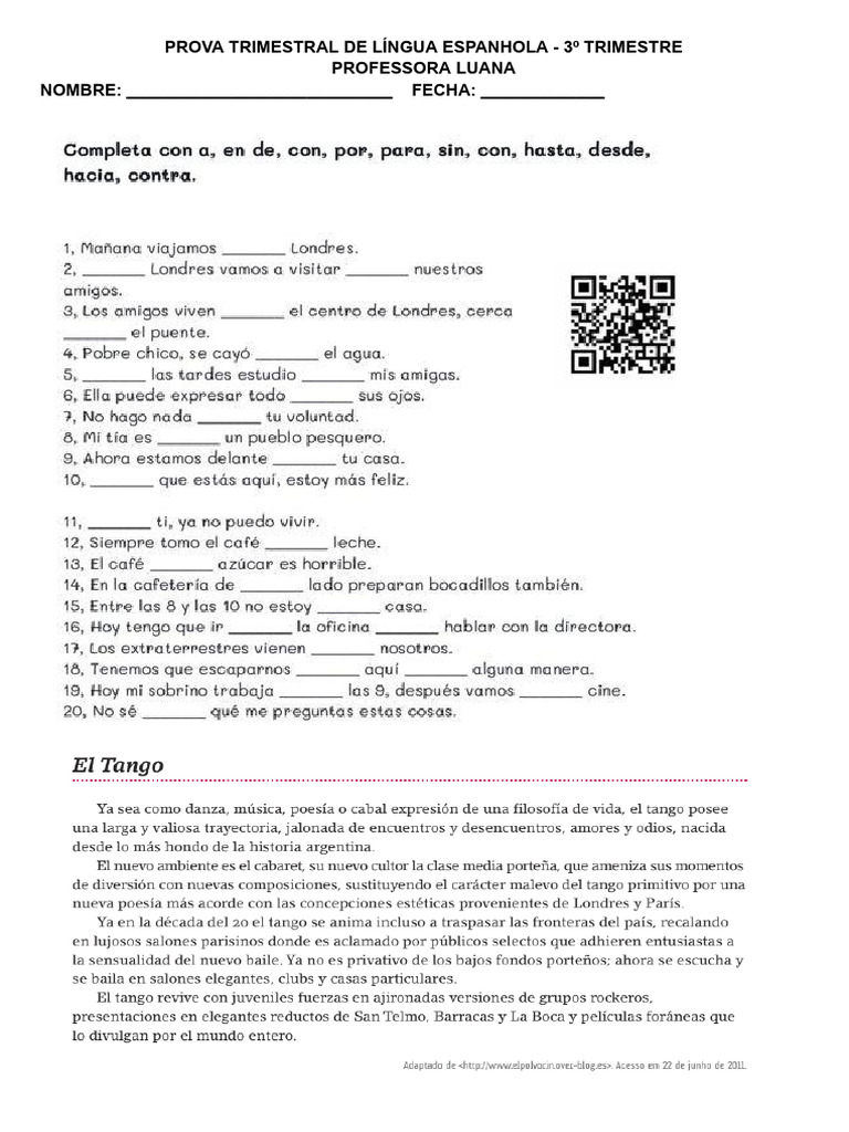 Prova Trimestral de Língua Espanhola - 3º Trimestre Professora Luana ...