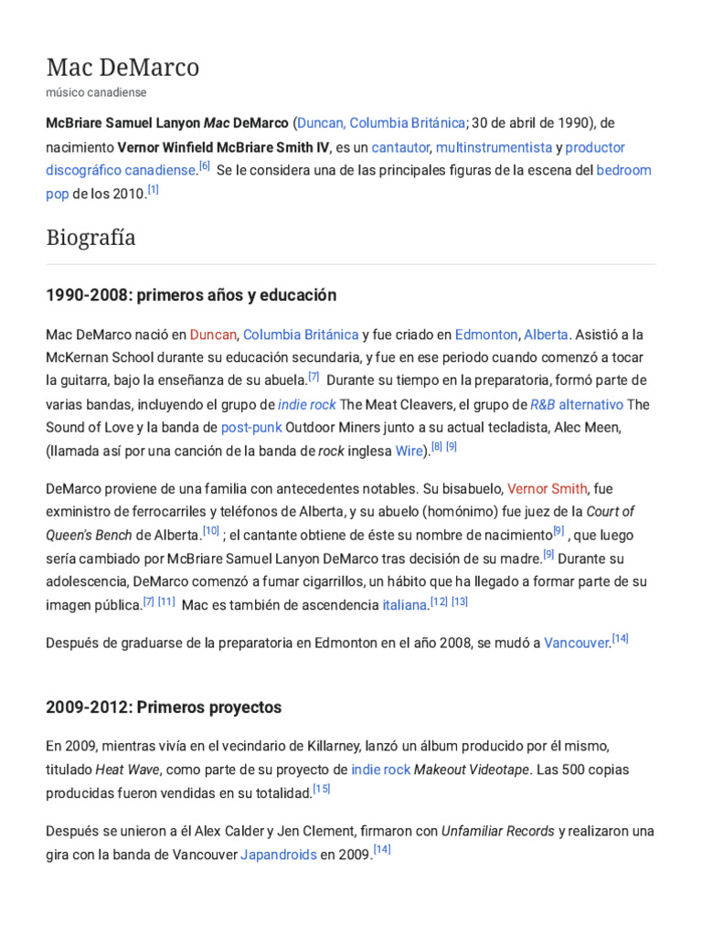 Mac DeMarco - Wikipedia, La Enciclopedia Libre | PDF | La música rock | Músicos