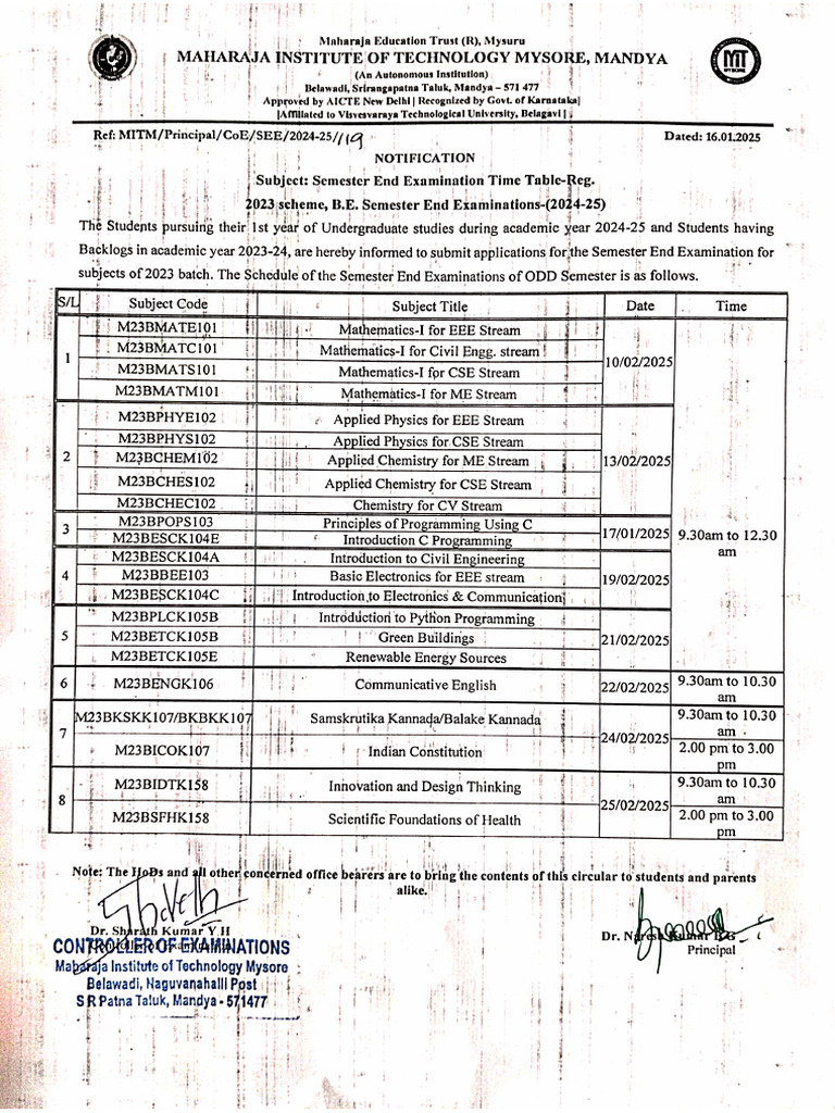 Semester End Examination Time Table | PDF