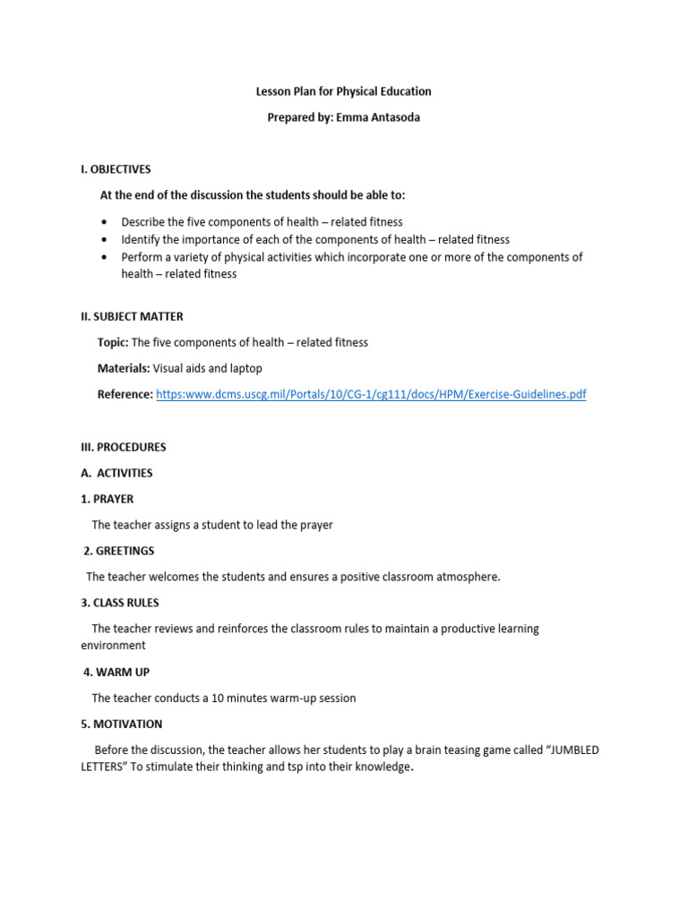 Lesson Plan For Physical Education | PDF | Teachers | Lesson Plan