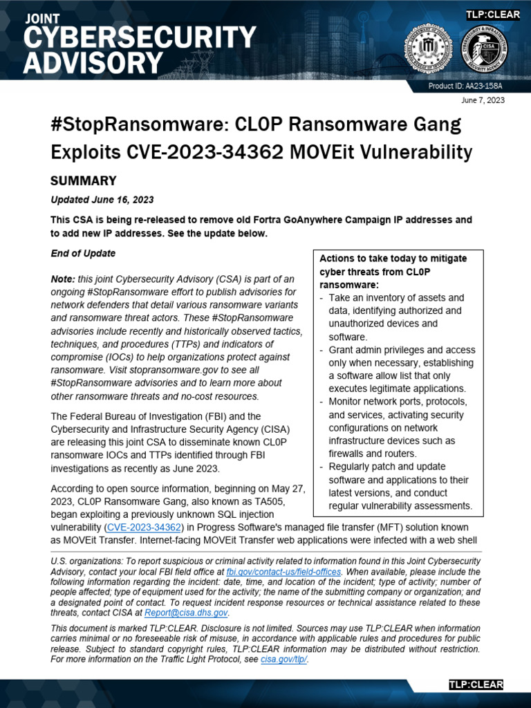 CL0P Ransomware Gang Exploits CVE-2023-34362 MOVEit Vulnerability | PDF | Ransomware | Security