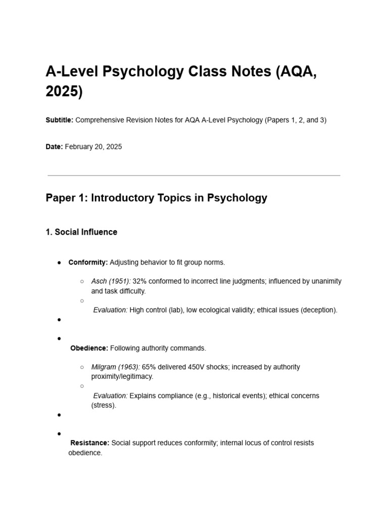 A-Level Psychology Class Notes (AQA, 2025) | PDF | Psychological ...
