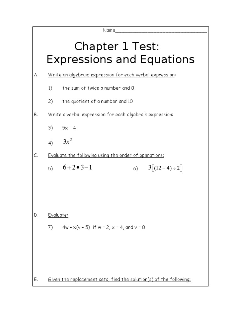 Chapter 1 Test: Expressions and Equations | PDF