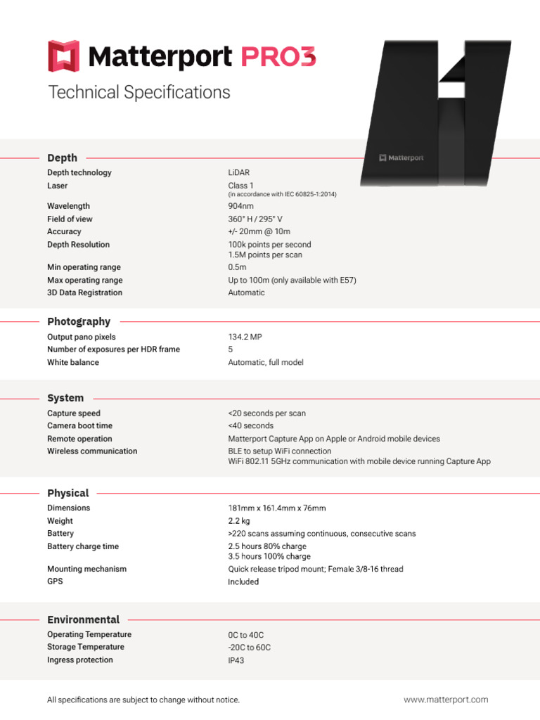 Matterport Pro3 Technical Specifications | PDF