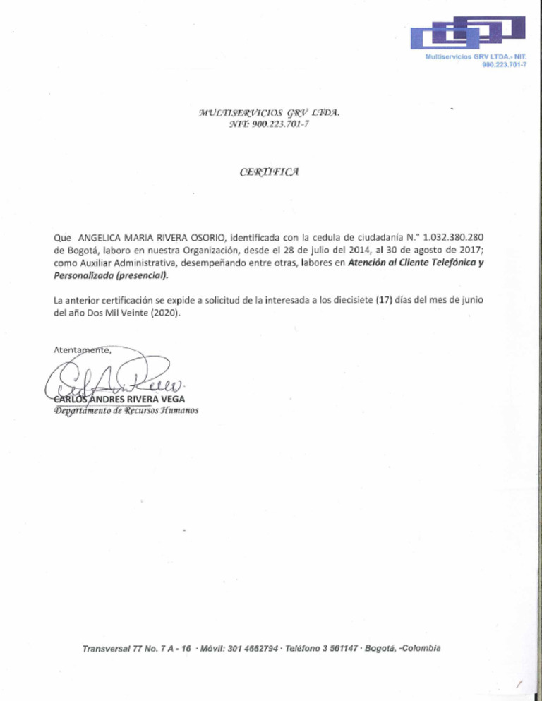 CERTIFICACION LABORAL-grv | PDF