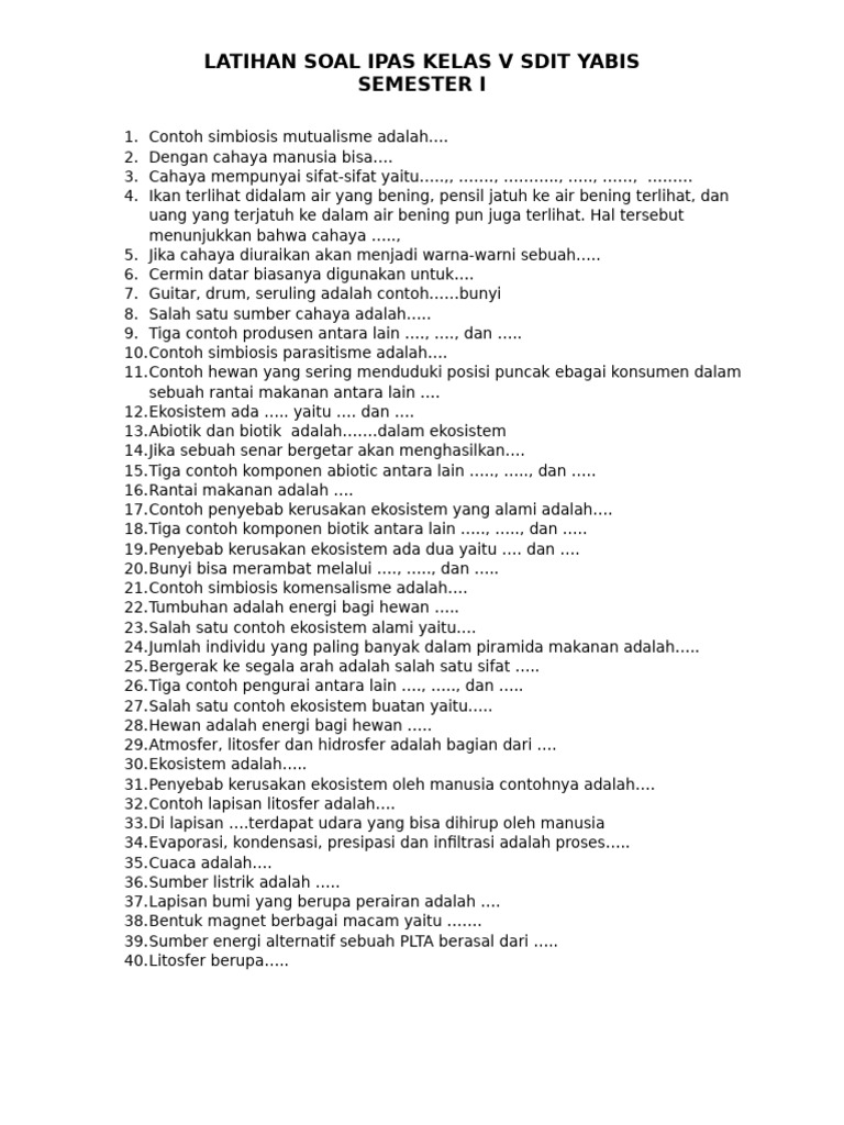 Soal IPAS Kelas 5 SDIT Yabis Semester I | PDF