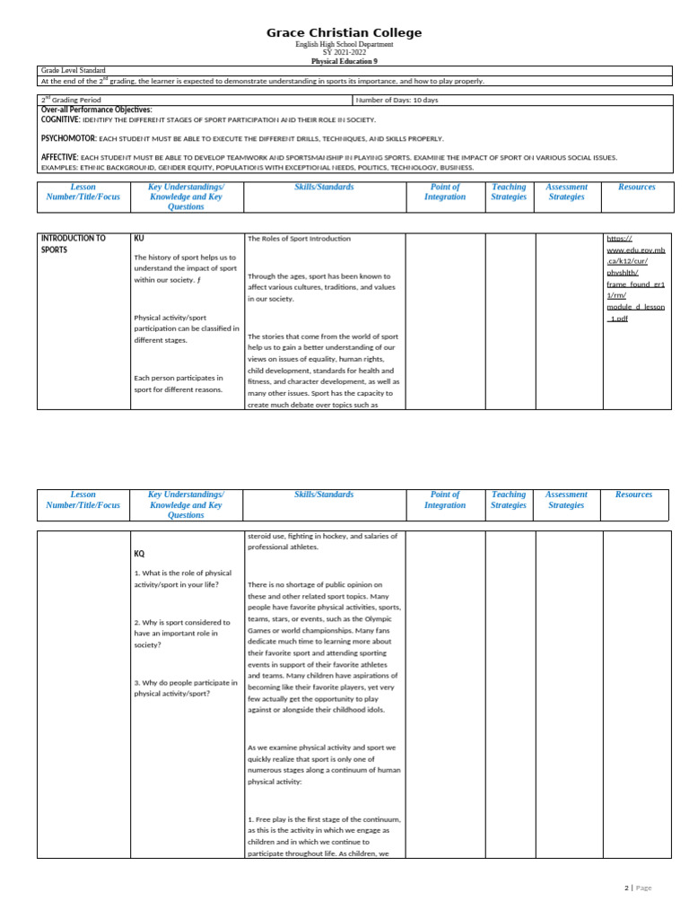 Physical Education 9 Curriculum Overview | PDF | Table Tennis | Running