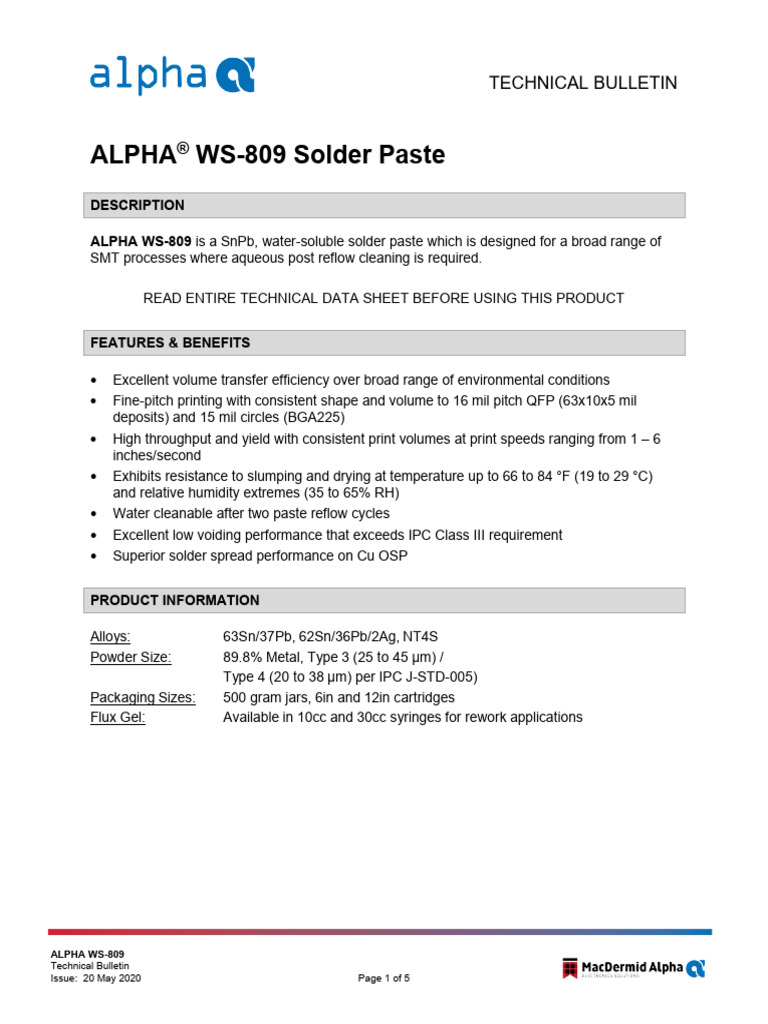 ALPHA WS 809 Solder Paste EN 20may20 TB | PDF | Materials | Secondary ...