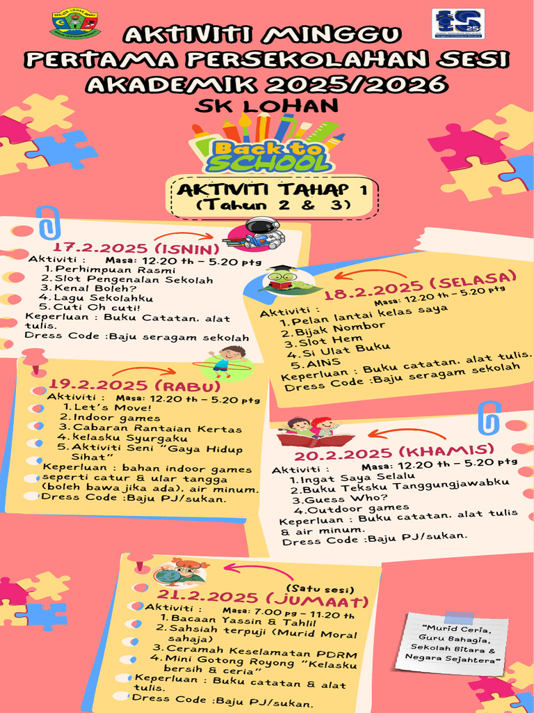 Aktiviti Minggu Pertama Persekolahan Tahap 1 2025 | PDF