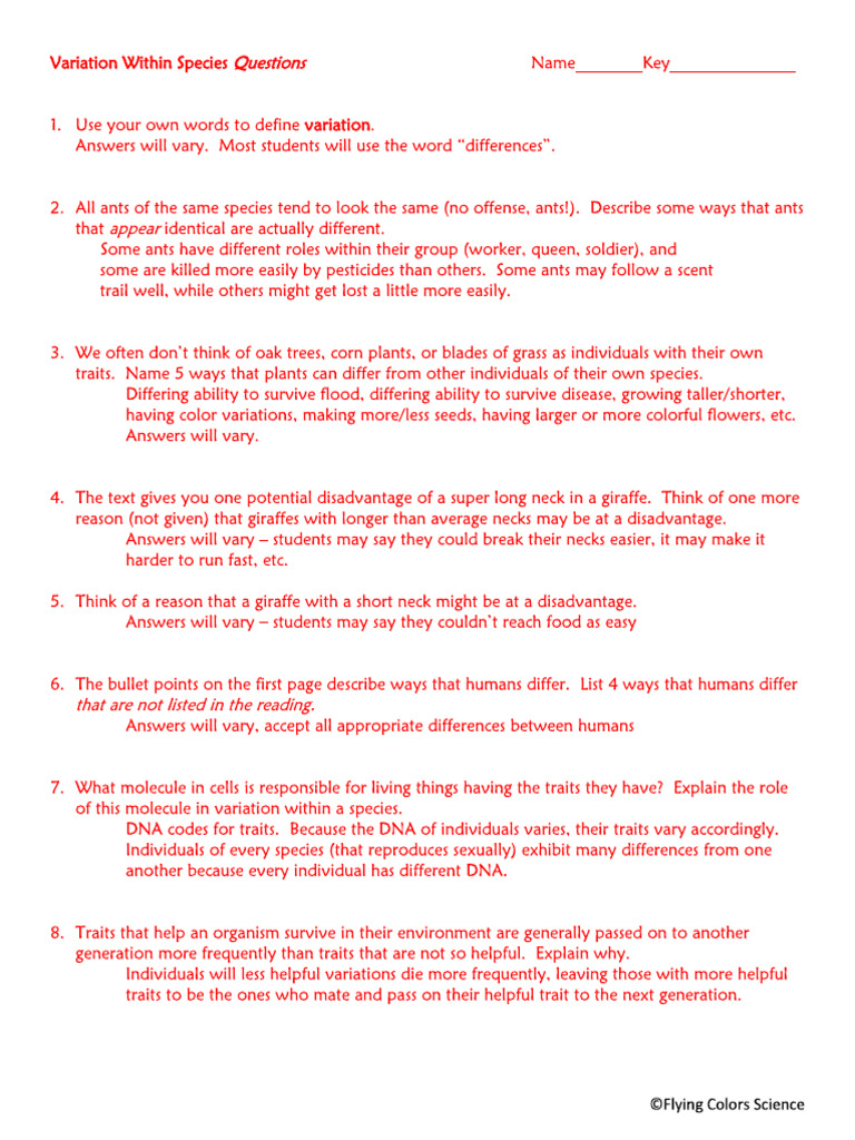 Variation Within A Species Reading and Questions KEY | PDF