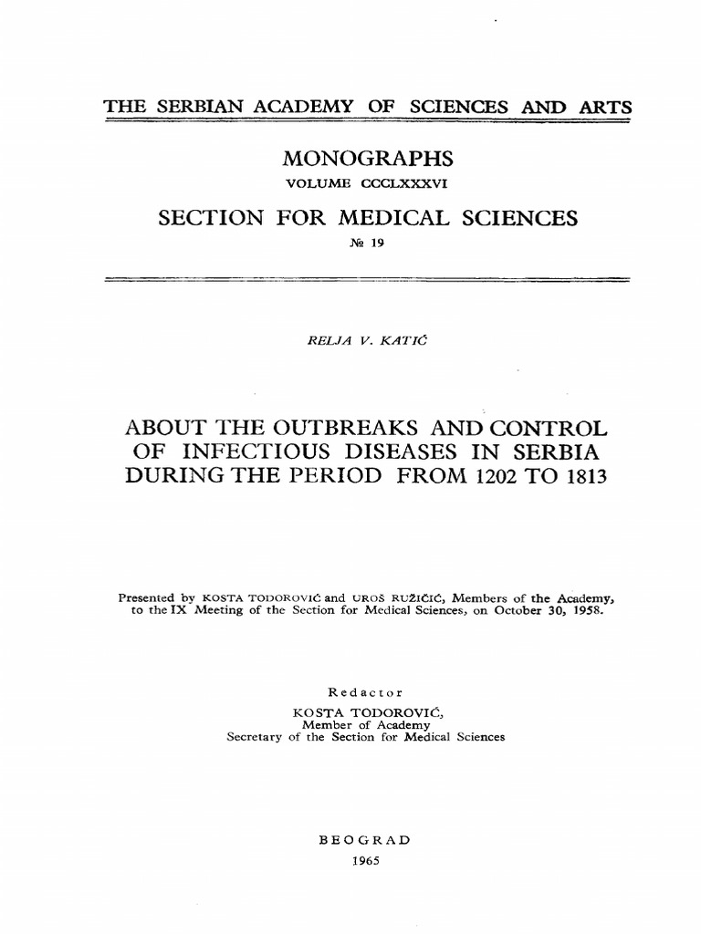 Relja Katic - O Pojavama I Suzbijanju Zaraznih Bolesti Kod Srba | PDF