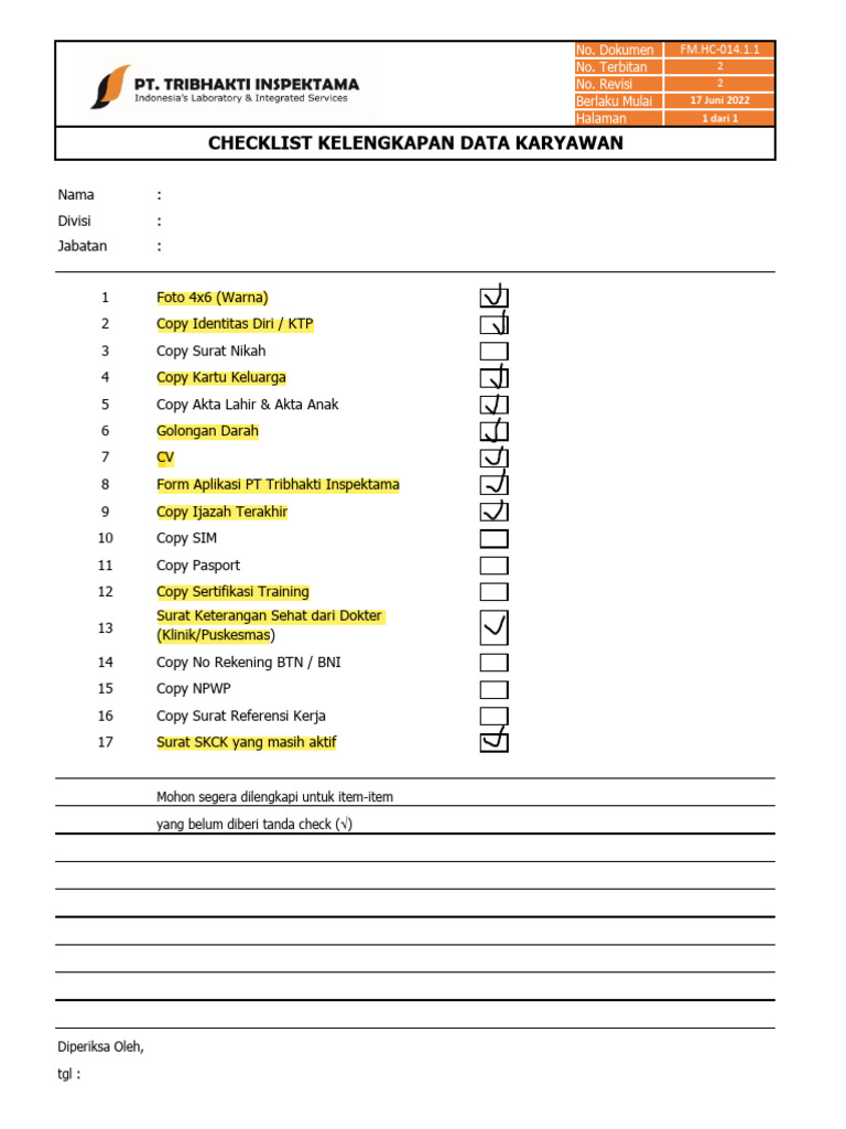 0. FM.HC-014.1.1 - Form Checklist Kelengkapan Dok Karyawan (2-2) (1) | PDF