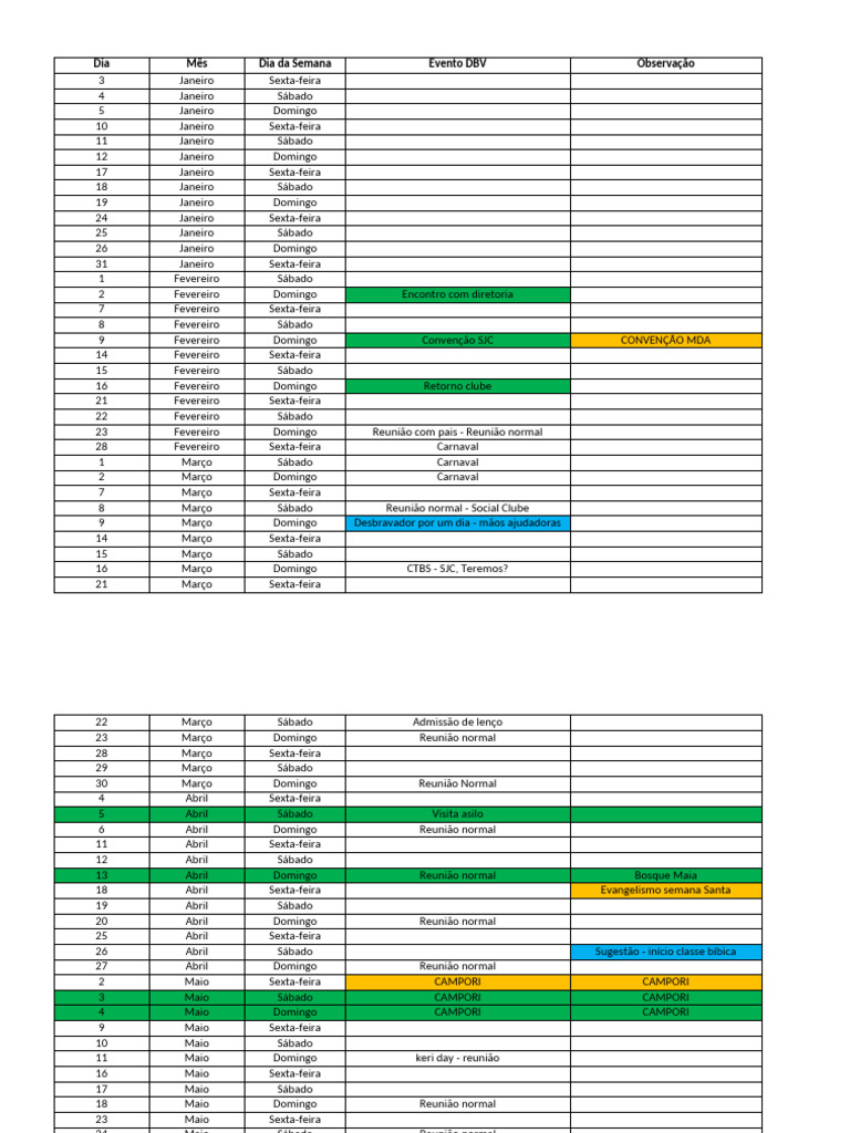 Calendário de Eventos 2024 DBV | PDF