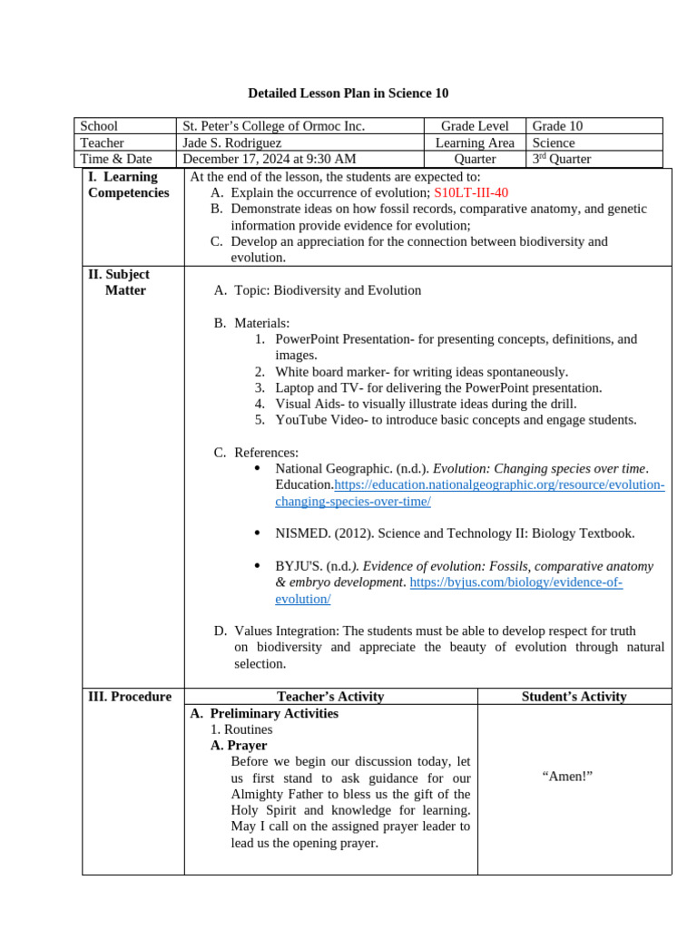 Science 10 Lesson Plan: Evolution & Biodiversity | PDF | Evolution ...