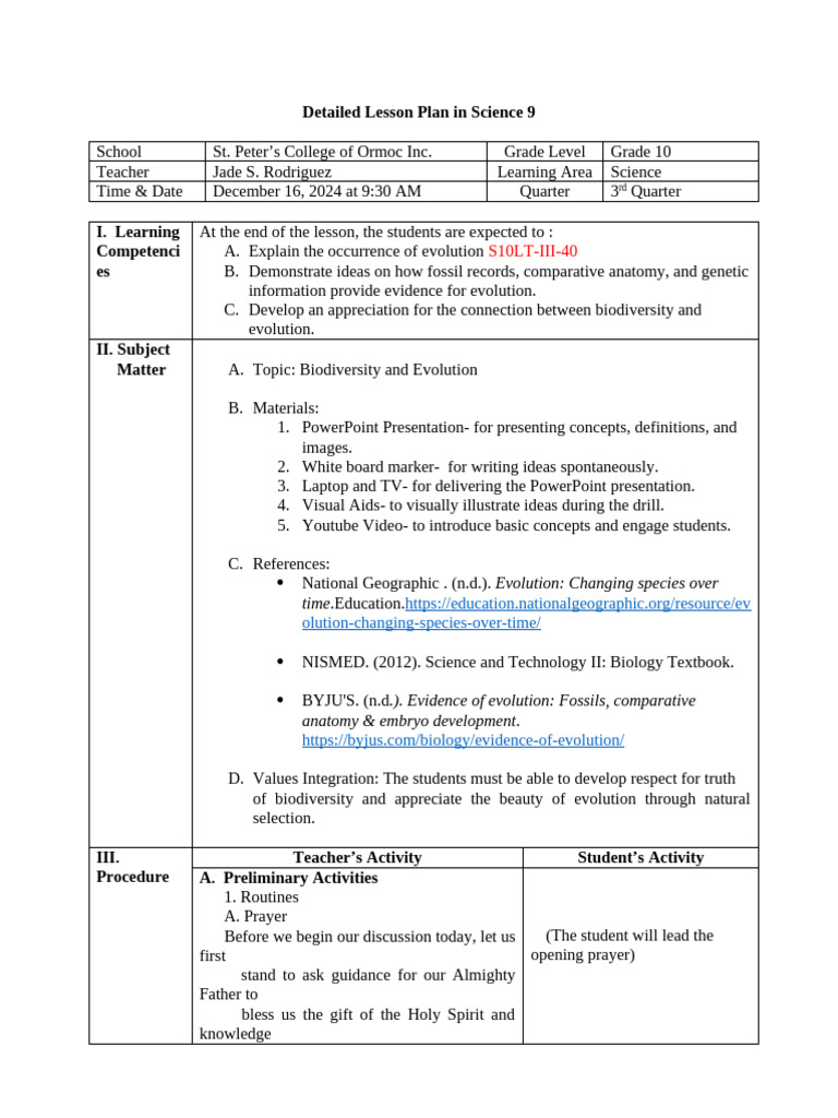 Detailed Lesson Plan - Template | PDF | Evolution | Lesson Plan