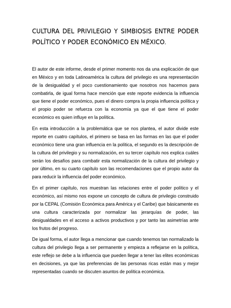 Cultura Del Privilegio y Simbiosis Entre Poder Polã - Tico y Poder Econã - Mico en Mã - Xico ...