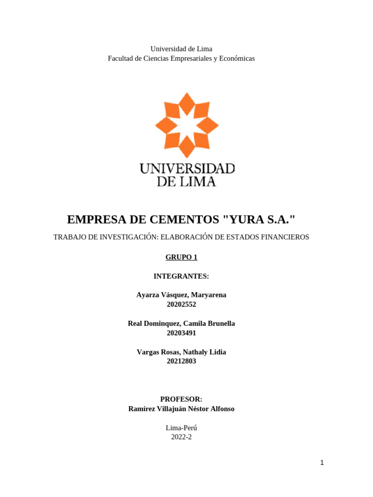 TRABAJO FINAL ELABORACION ESTADOS FINANCIEROS Yura | PDF | Business | Compartir (Finanzas)