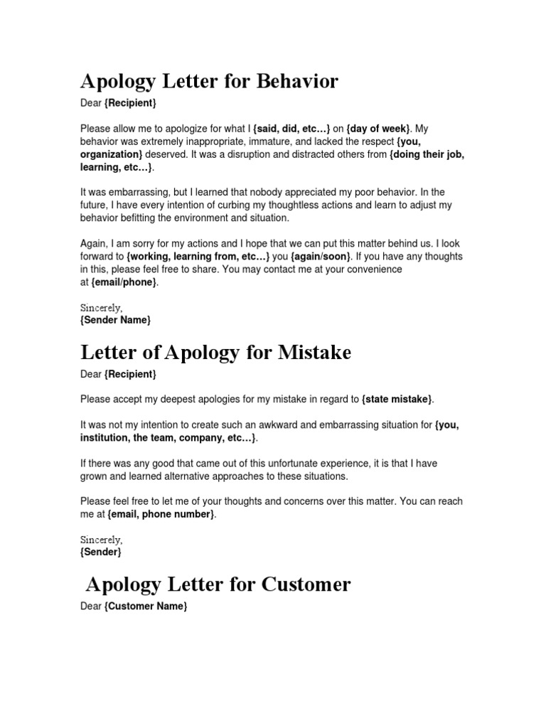 Official Apology Letter For Behavior