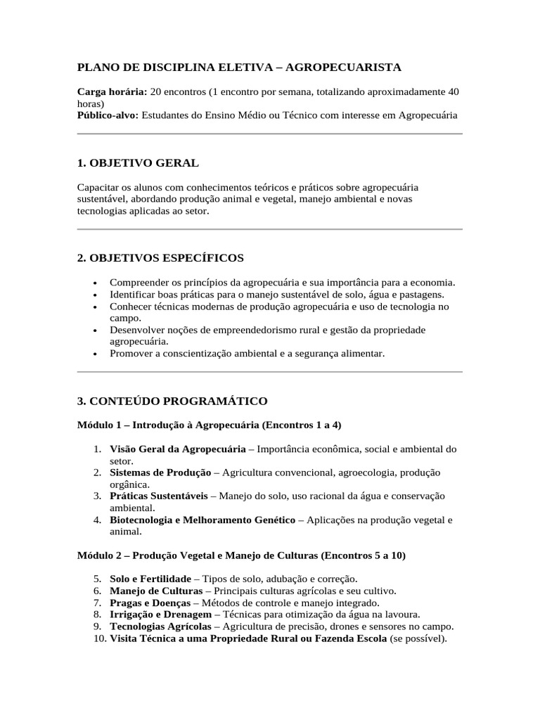 PLANO DE DISCIPLINA ELETIVA AGROPECUARIA | PDF | Agricultura