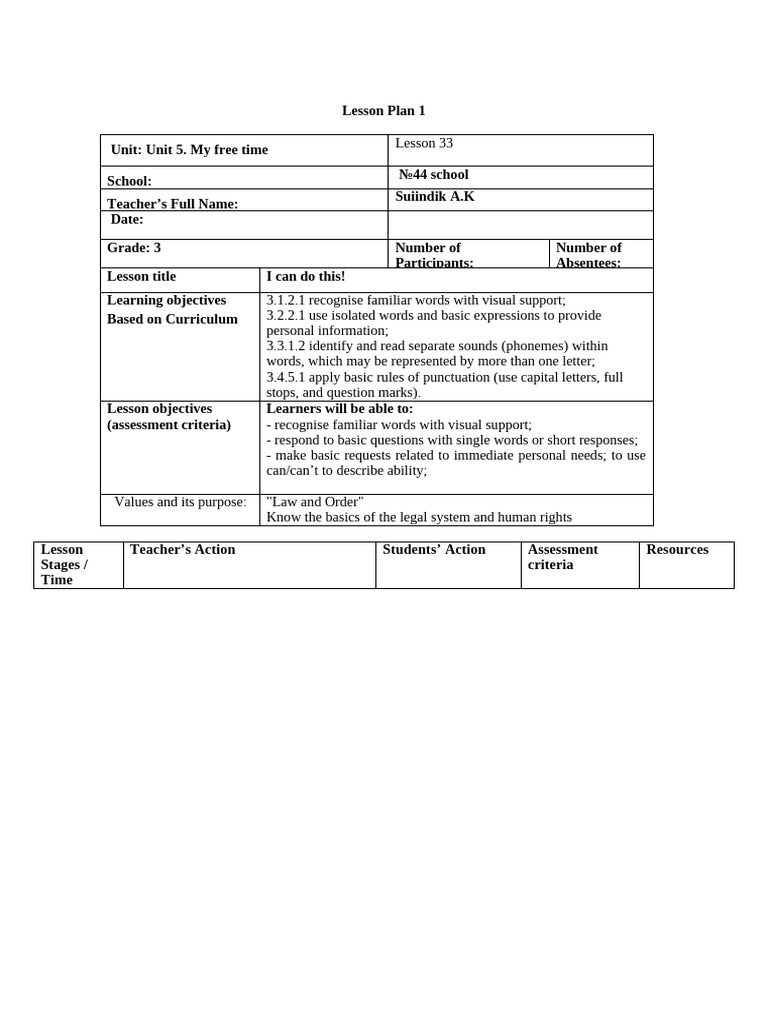 3term 3 Grade Lesson Plan 1 | PDF | Lesson Plan | Teachers
