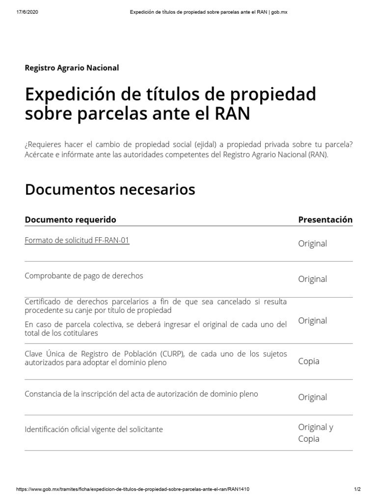 Expedición de Títulos de Propiedad Sobre Parcelas Ante El RAN - Gob - MX | PDF | Propiedad