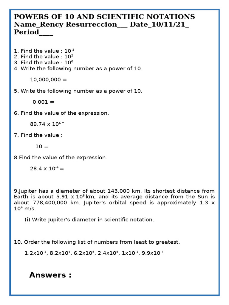 Resurreccion Rency - ACTIVITY-POWERS-OF-10-AND-SCIENTIFIC-NOTATIONS | PDF