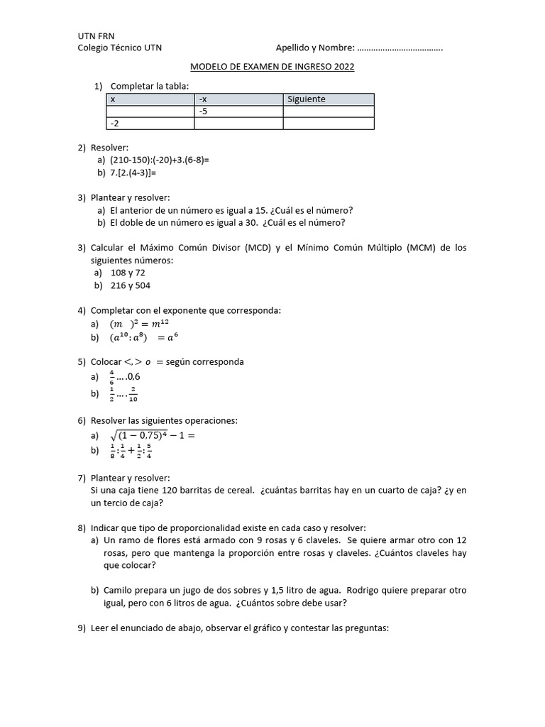 Examen de Ingreso UTN 2022 | PDF | Matemáticas