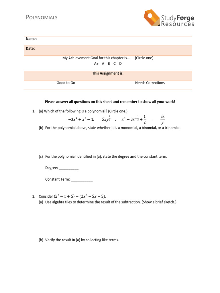 Polynomials Mastery Assignment (1) | PDF